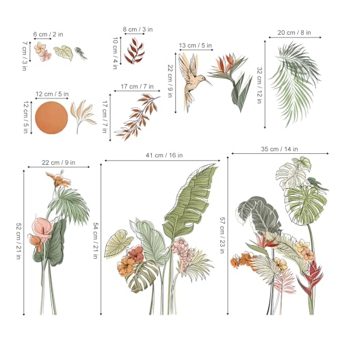 decalmile Boho Tropical Leaves Flower Wall Decals Bohemian Floral Plants Sun Wall Stickers Bedroom Living Room Office Wall Decor