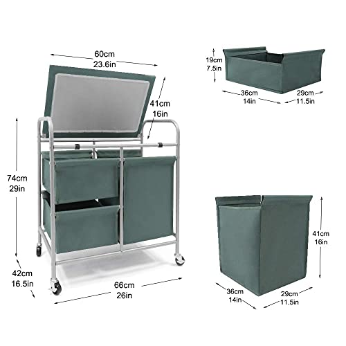 JEFEE Rolling Laundry Sorter Cart Heavy Duty 3 Bags Laundry Hamper Sorter Cart with Ironing Board Removable Bags for Dirty Clothes Storage 26"Lx 16.5"Wx 29"H Blue Grey………