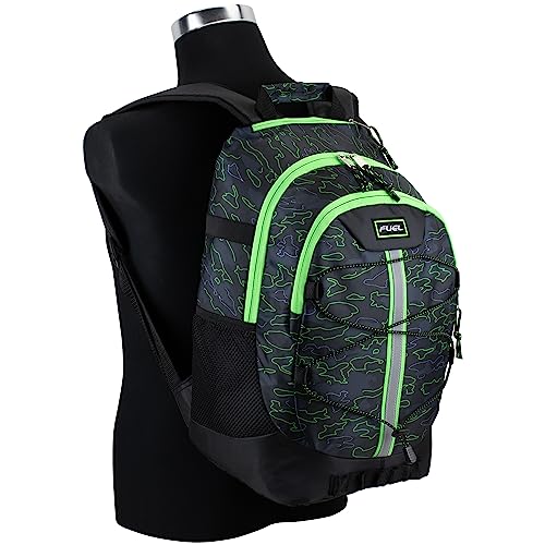 FUEL 18” Unisex Backpack Terra Sport Spacious Dual Compartment w/Laptop Sleeve and Bungee for Travel, College, Work - Neon Outline Camo