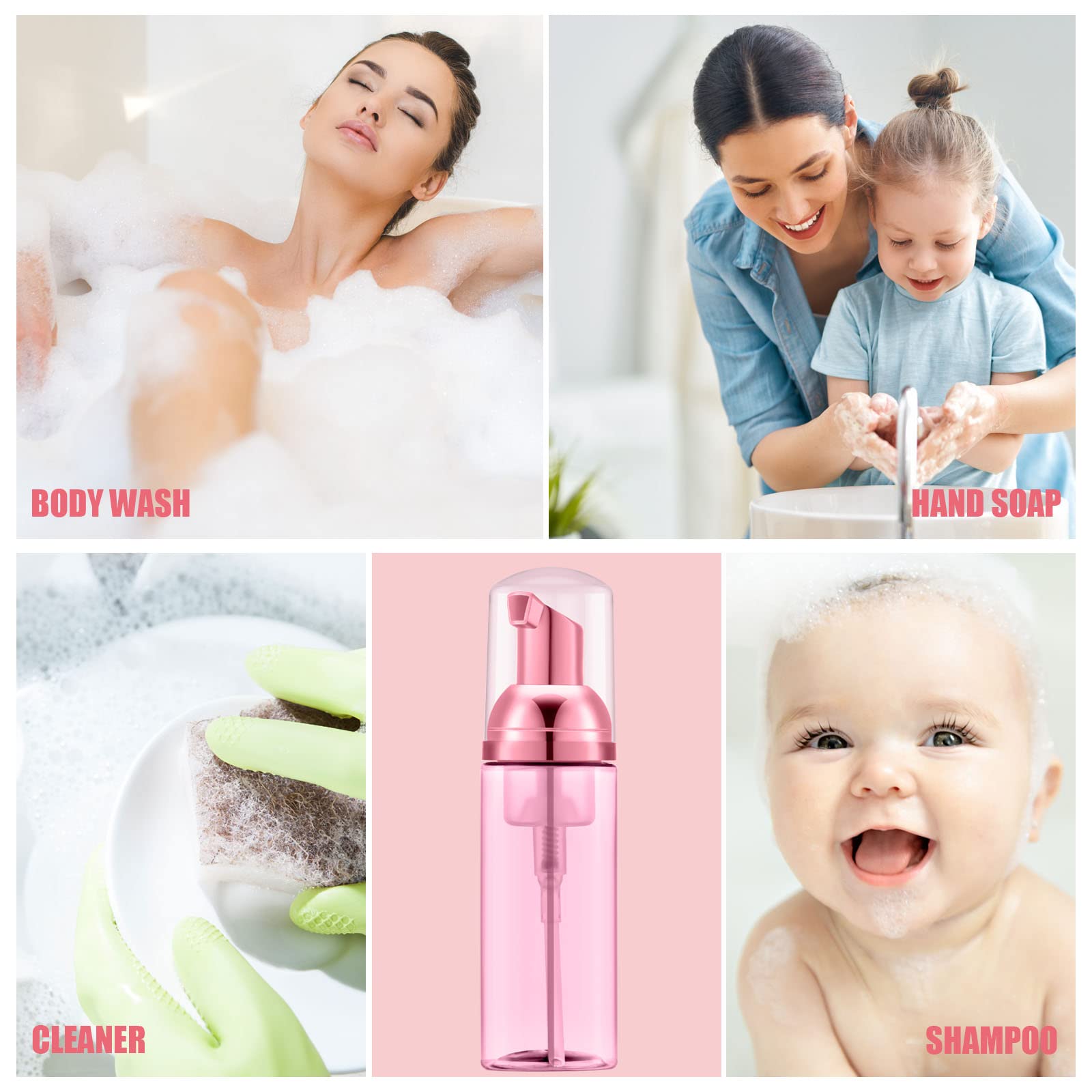 Lil Ray 2 Oz Empty Clear Rose Red Foam Pump Bottle, Travel Foamer Soap Dispenser for Lash Shampoo, Hand Soap, Foaming Cleaner(Rose Red Pump, 12 PCS)
