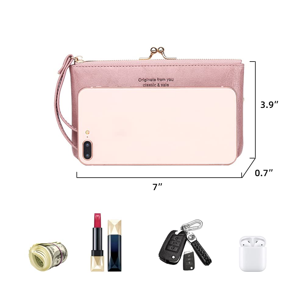 Yohora Wristlet Clutch Slim Leather Wallet Kiss Lock Handbag with Cellphone Pocket Retro Lightweight Pure Mini Coin Pouch
