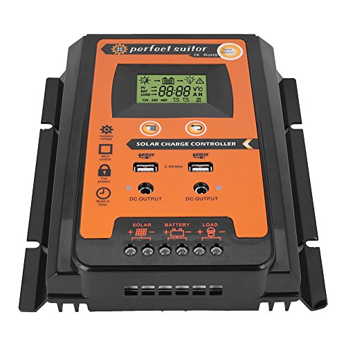 EBTOOLS 12V/24V 50A Solar Charge Controller, Black Solar Panel Battery Intelligent Regulator with Dual USB Port PWM, MPPT Auto Paremeter Adjustable LCD Display (50a)