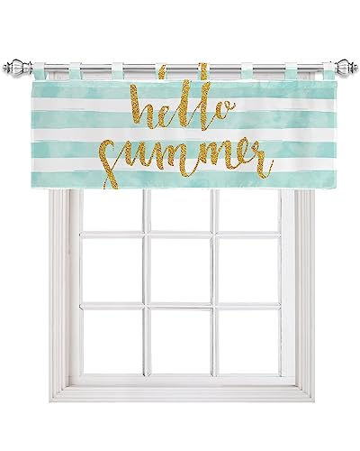 Tab Top Curtain Valance HELLO SUMMER Gold Round Spots on Blue and White Stripes Valance Curtains Light Filtering Rod Pocket Window Treatment Small Valances For Kitchen Cafe Basement, 1 Panel, 54X18In