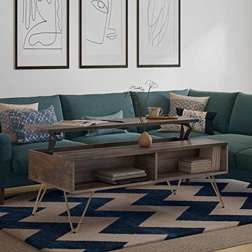 SIMPLIHOME Hunter SOLID MANGO WOOD and Metal 48 Inch Wide Rectangle Industrial Lift Top Coffee Table in Ebony, For the Living Room and Family Room