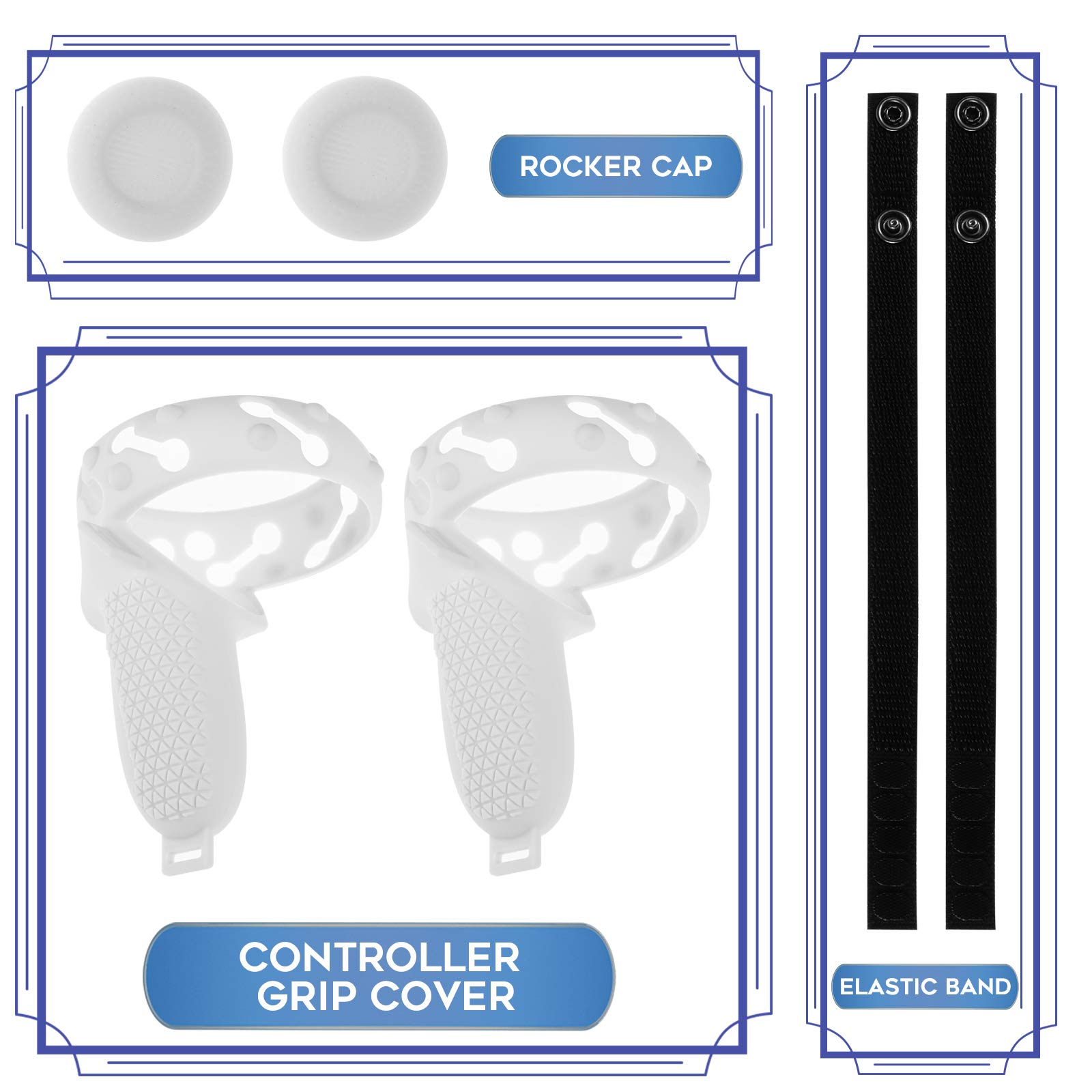Seltureone Accessories Compatible for Quest 2 Controller Full Grip Cover with 2 Controller Caps, Anti-Slip Anti-Fall Protective Silicone Sleeve with Hand Strap for Quest 2 Headset, White