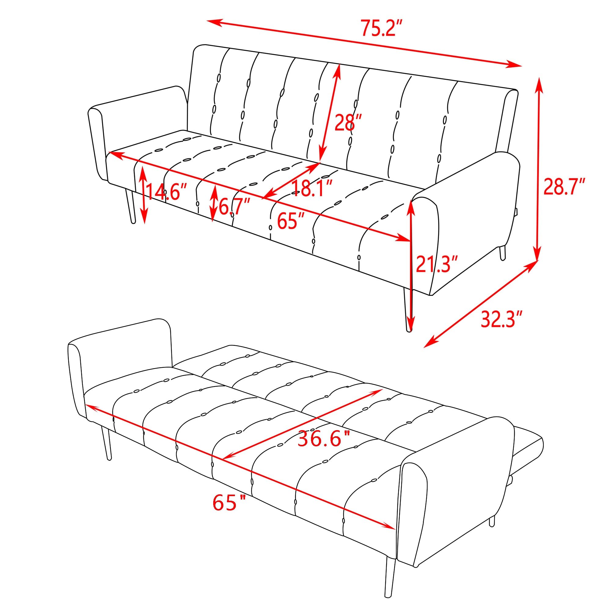 FEIYAW 75 Inch Velvet Futon Sofa Bed with Adjustable Back, Convertible Futon Couch, w/Tufted Buttoned Design & Metal Legs, Upholstered Slpper Bed for Home, Small Space Apartment