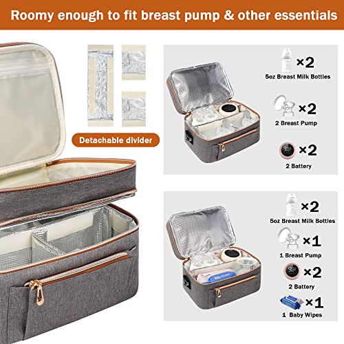 Partreko Wearable Breast Pump Bag with Insulated Pocket, Compatible with Most Breast Pumps for Medela, Elvie, Willow, Momcozy, 2 Layer Pump Bag with a Waterproof Mat & 3 Adjustable Dividers (Gray)