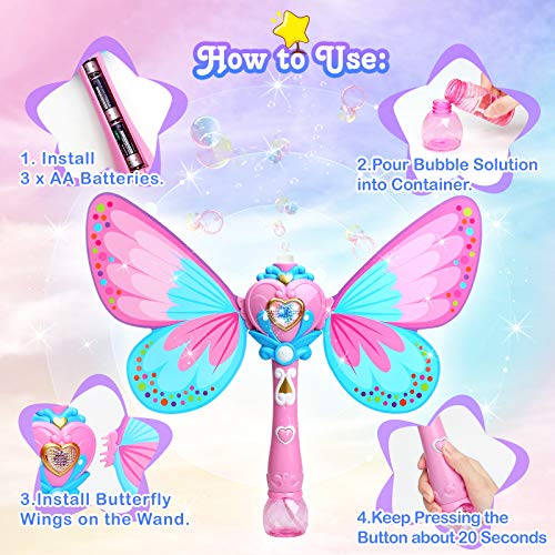Sitodier Bubble Machine for Kids | Butterfly Bubbles Wand Blower for Toddlers 1000+ Bubbles per Minute | Outdoor Indoor Bubbles Blowing Toys Birthday Gift for Girls Bubble Solution Included