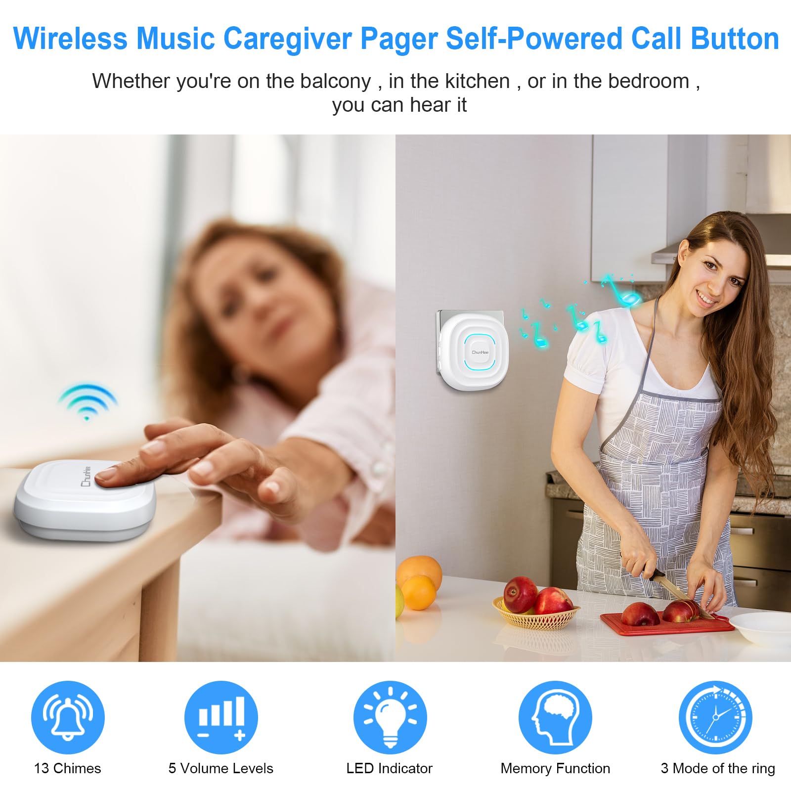 ChunHee Smart Wireless Caregiver Pager Self-Powered Call Button Medical Alert System Call Bell 500+ Feet for Home/Elderly/Patient/Disabled 2 Call Buttons/Transmitters 1 Receiver