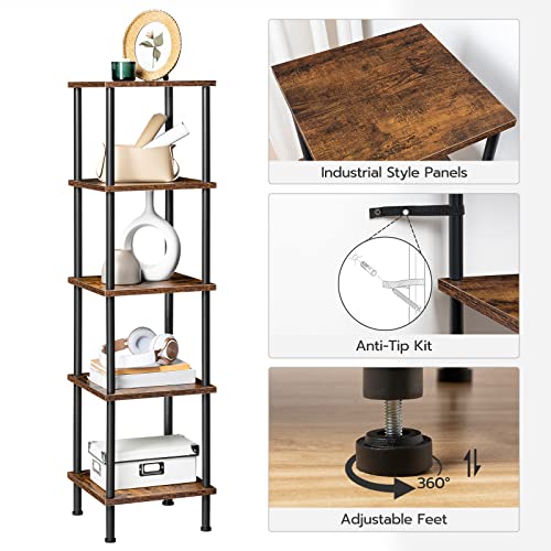 HOOBRO 5-Tier Corner Shelf Stand, Corner Square Rack Display Shelf, Tall Storage Rack Plant Stand, Corner Bookcase for Small Spaces, Living Room, Home Office, Kitchen, Rustic Brown and Black BF50CJ01