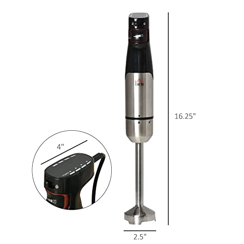 HOMCOM Immersion Hand Blender, 400W 4-in-1 Handheld Stick Blender with Adjustable Speed, 500ml Chopper, Egg Whisk, 800ml Measuring Cup, and Stainless Steel Blades, Silver/Black