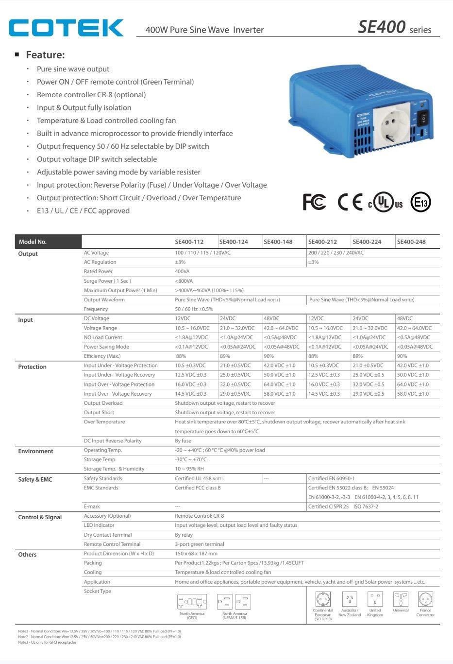 Cotek SE400 Pure Sine Wave Inverter 120VAC 24VDC 400W (SE400-124)