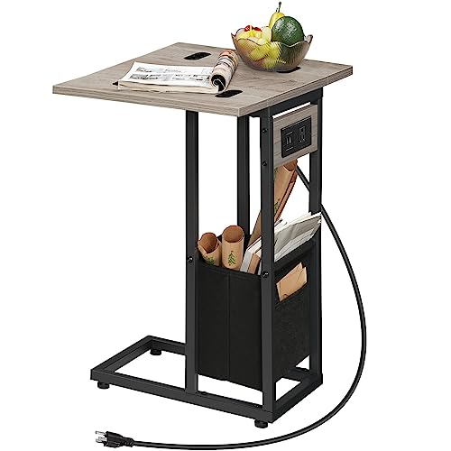 HOOBRO C Shaped Side Table with Charging Station, Foldable End Table with Fabric Bag, Sofa Table Coffee Table Snack Table for Couch Small Space Living Room, Bedroom, Greige and Black BG30USF01