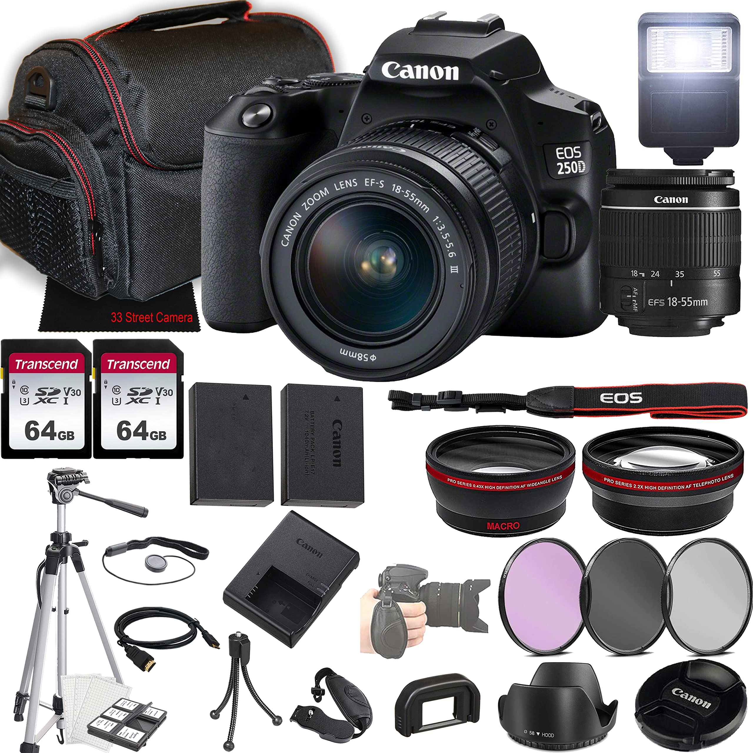 Canon EOS 250D (Rebel SL3) DSLR Camera w/18-55mm F/3.5-5.6 Zoom Lens + 2X 64GB Memory + Case + Filters + Tripod + More (35pc Bundle)