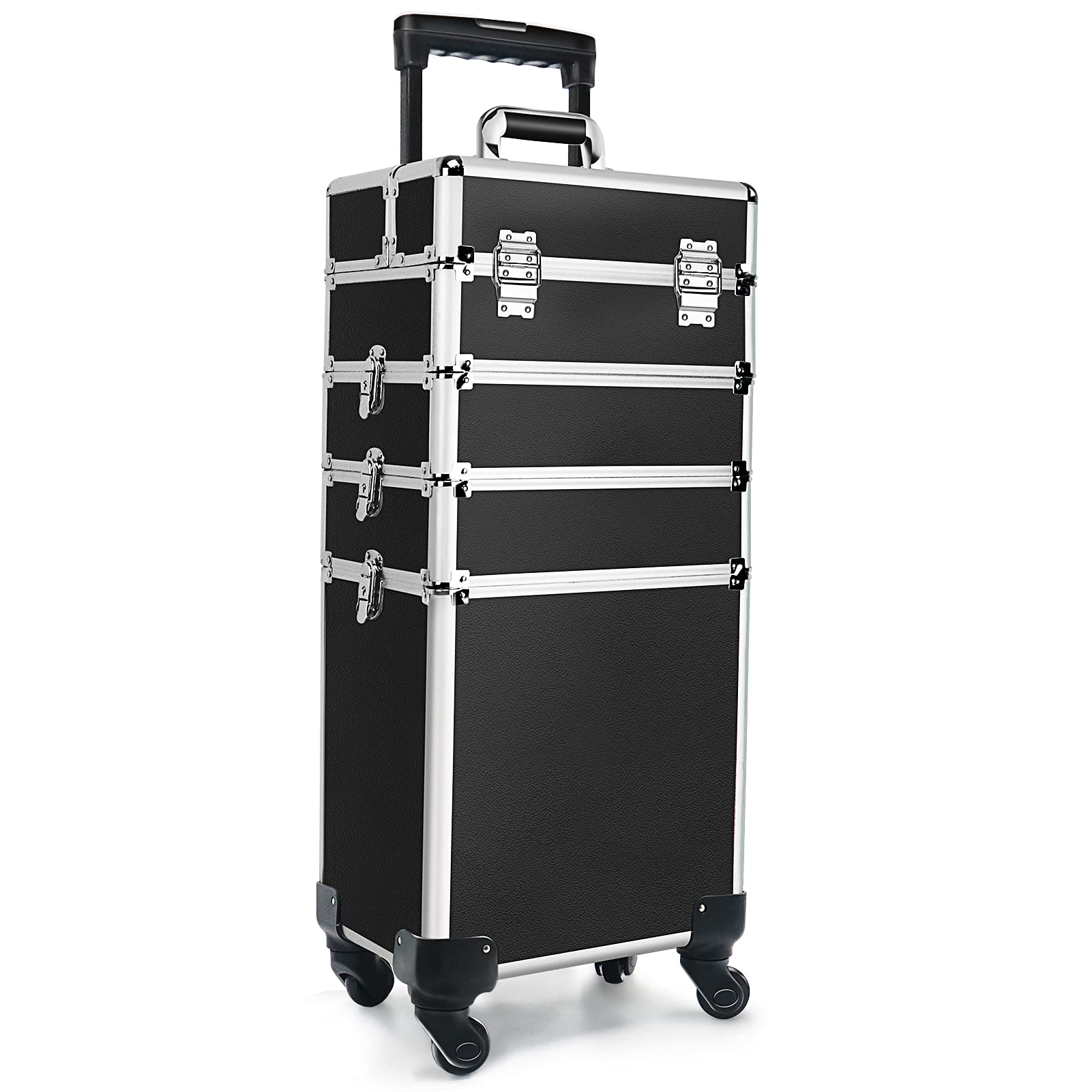 Cosmetic Rolling Makeup Train Case 4 in 1, Make Up Box Travelling Professional, Cosmetology Case on Wheels Pink Black Silver for Cosmetic, Hairstylist, Nail Technician, Tattoo