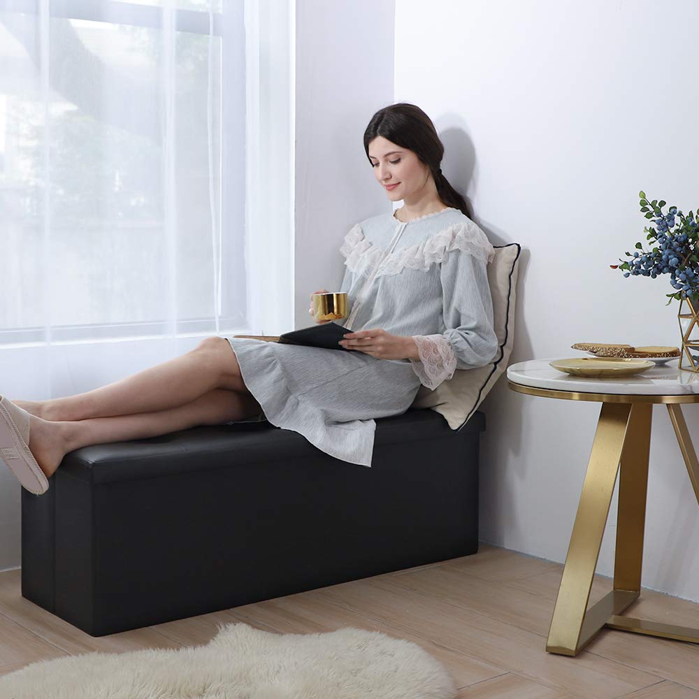 Camabel 43 Inch Folding Storage Ottoman Bench Cube Hold up 700lbs Faux Leather Long Ottoman with Storage Foam Seat Footrest Padded Bed Storage Bench for Bedroom Coffee Table Rectangular Black BG363