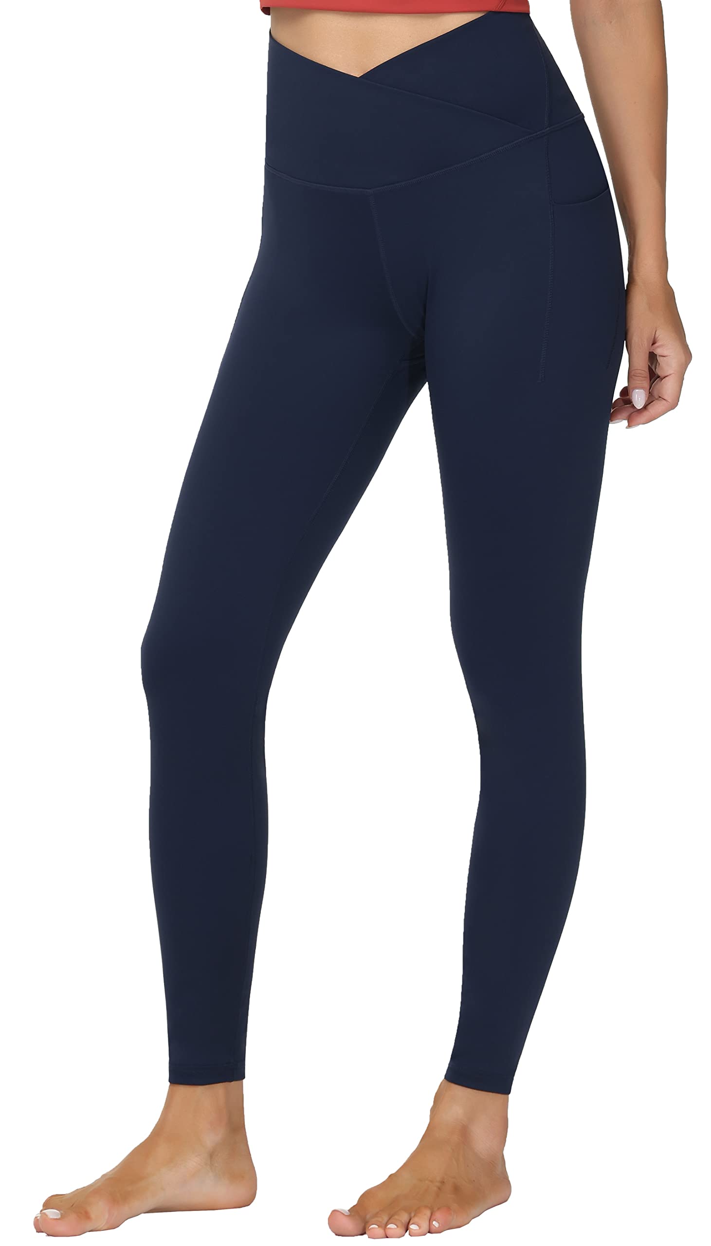 Cross Waist Workout Leggings for Women High Waisted Tummy Control Gym Yoga Pants with Pockets(Blue,Large)