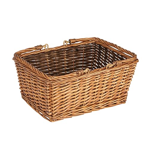 Household Essentials Woven Market Basket, Handwoven Willow Weave, Stylish Handles with Durable Metal Anchors, Classic and Versatile, Attractive, Spacious, Lightweight, Brown Stain