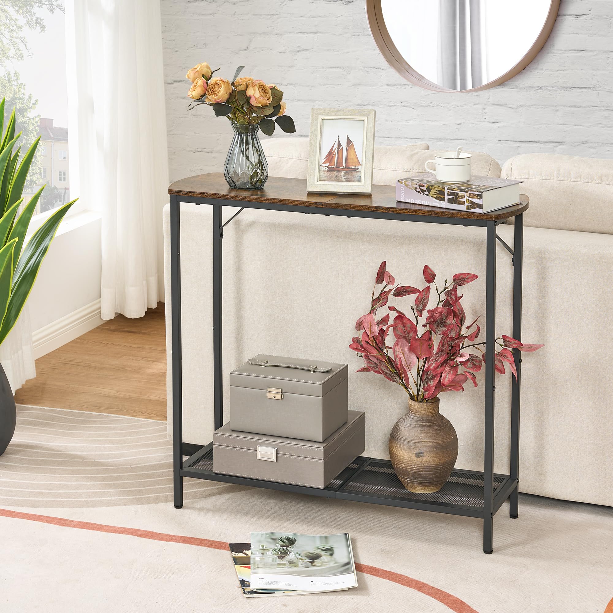 HOMCENES Console Table, Narrow 2-Tier Entryway Table with Storage Shelf, 29.5" Thin Sofa Table, Side Table, Industrial Couch Table, for Hallway, Living Room, Bedroom, Rustic Brown UFG02XG01