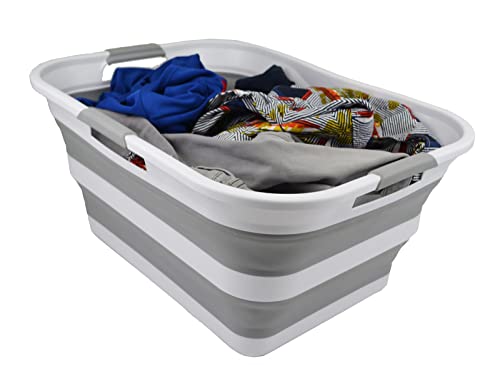 SAMMART 42L (11 gallon) Collapsible Plastic Laundry Basket - Foldable Pop Up Storage Container/Organizer - Portable Washing Tub - Space Saving Hamper/Basket (White/Grey)