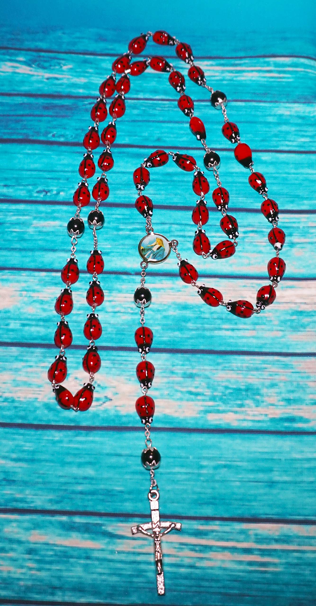 col-p Catholic Steel Rosary Ceramic Ladybug Devotional 29" inch long centerpiece Lady of Grace Sanctified Papal Crucifix Zinc Alloy