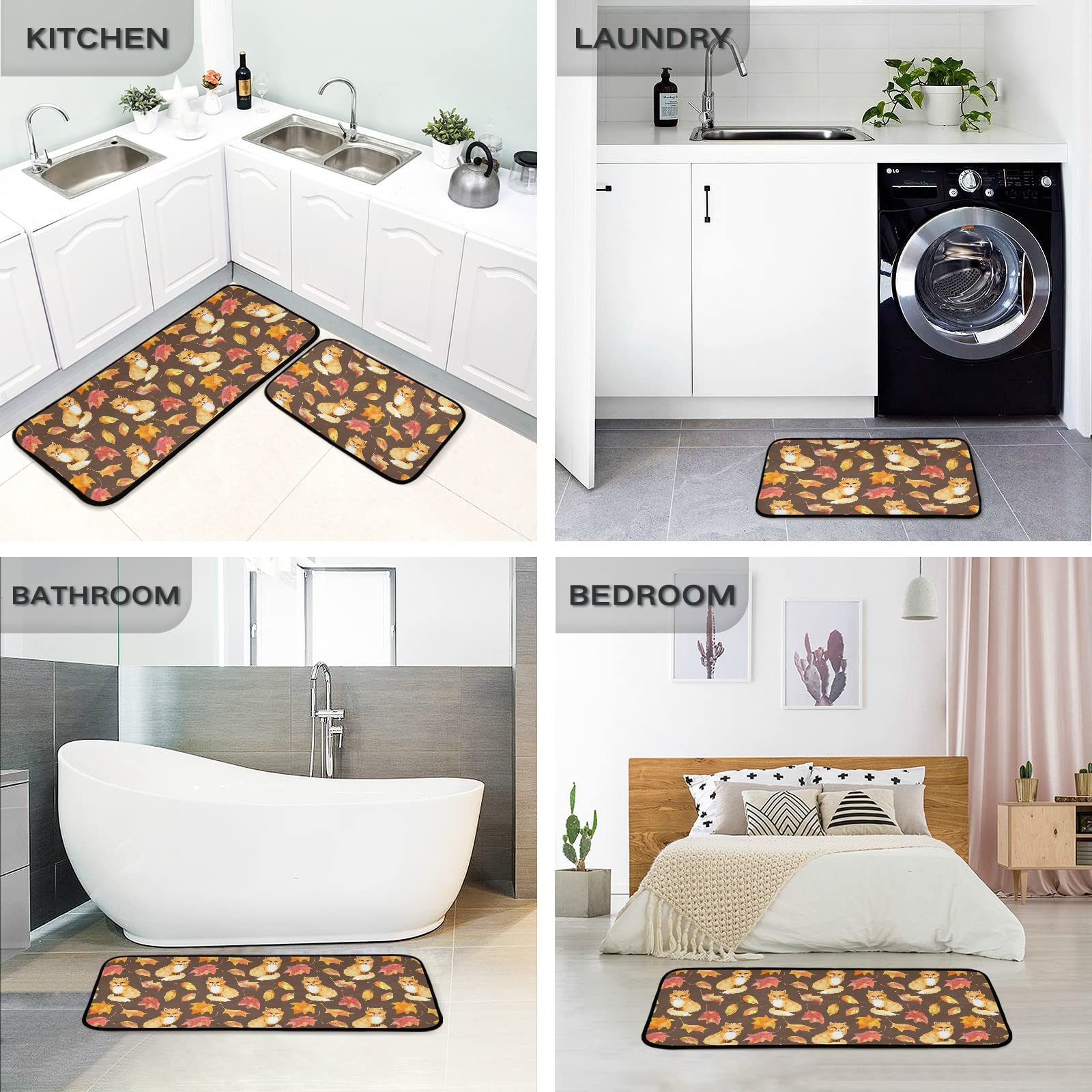 Cute Fox Fall Leaves Kitchen Mat Set of 2 Anti-Fatigue Kitchen Rug Set Non Slip Foam Cushioned Kitchen Runner Rugs and Mats Comfort Standing Mat for Floor Laundry Home Decor