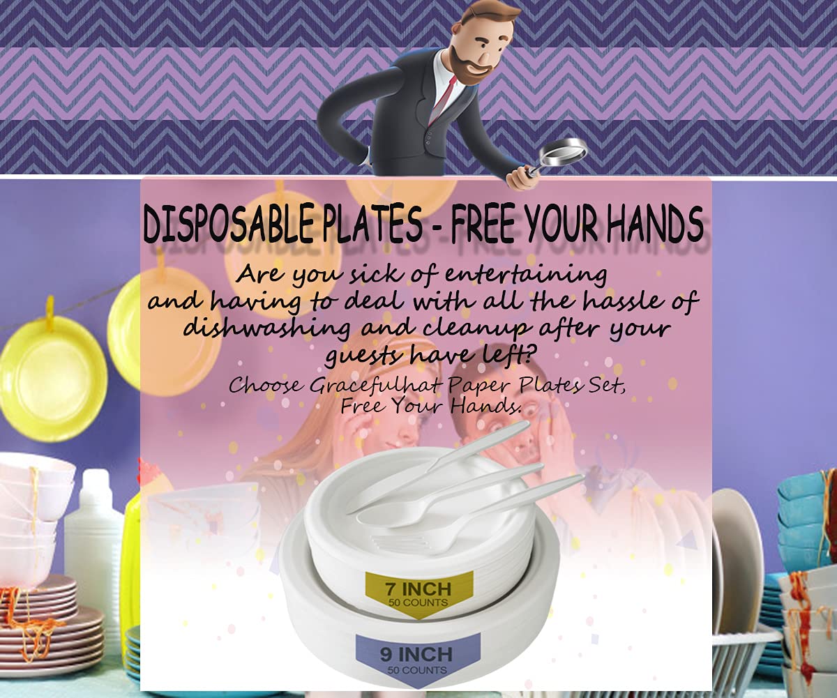 Chinette Paper Plates Dinner (7 inch 50 Pcs) + Disposable Plates (9 inch 50 Pcs), Dessert Plates Disposable, Compostable Biodegradable Dinner Plates, Set of 100, Suitable for Restaurant/Fast Food Shop