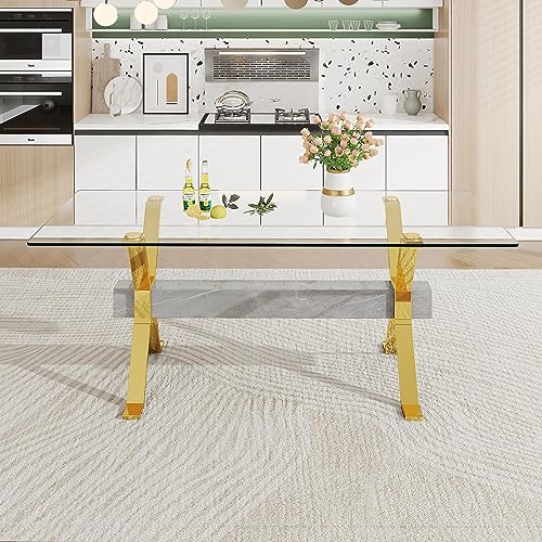 Glass Dining Table for 4, 79" Modern Kitchen Dining Room Table with Rectangular Tempered Glass Tabletop and Gold Plated Metal Legs for Dining Room (Gold)