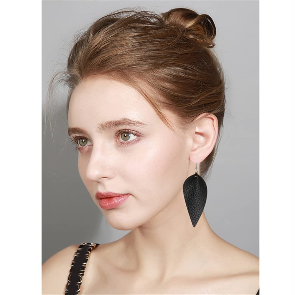 CHUNYANAN Boho Elegant Lightweight Black Genuine Real Leather Geometric Dangle Drop Earrings for Women Petal Leaf Feather Teardrop Earrings Jewelry Gift (Black Genuine Real Leather)