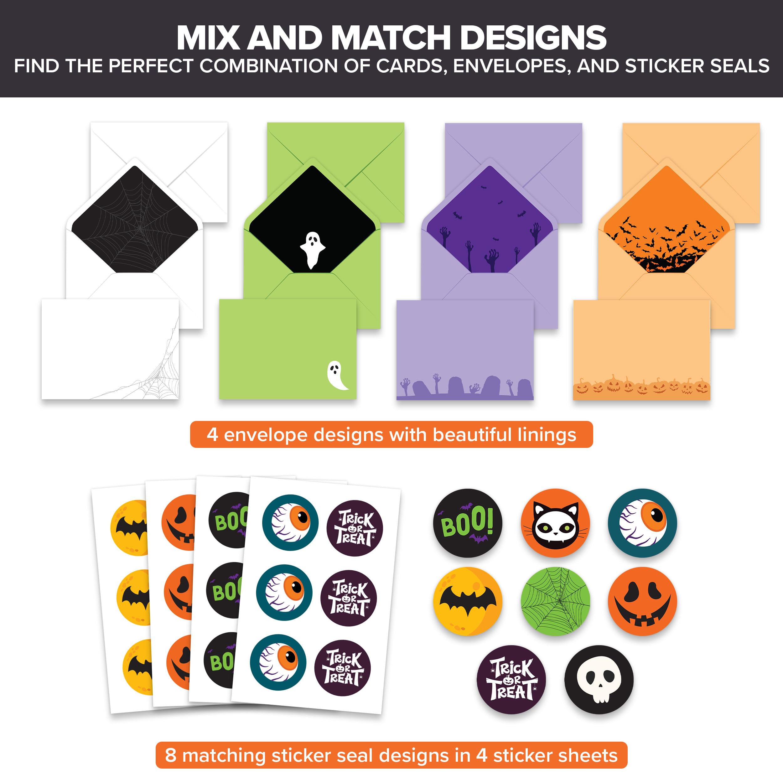 Decorably 24 Pack Happy Halloween Cards with Envelopes & Stickers - 8 Designs Blank Inside Halloween Cards and Envelopes, 4x6in Halloween Cards for Kids, Halloween Note Cards, Halloween Greeting Cards