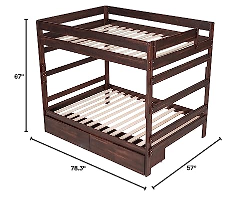 Full Over Full Bunk Bed with 2 Drawers, Solid Wood Bunk Bed Frame with Ladders & Storage Drawers, Bedroom Furniture Can Be Divided Into Two Individual Beds