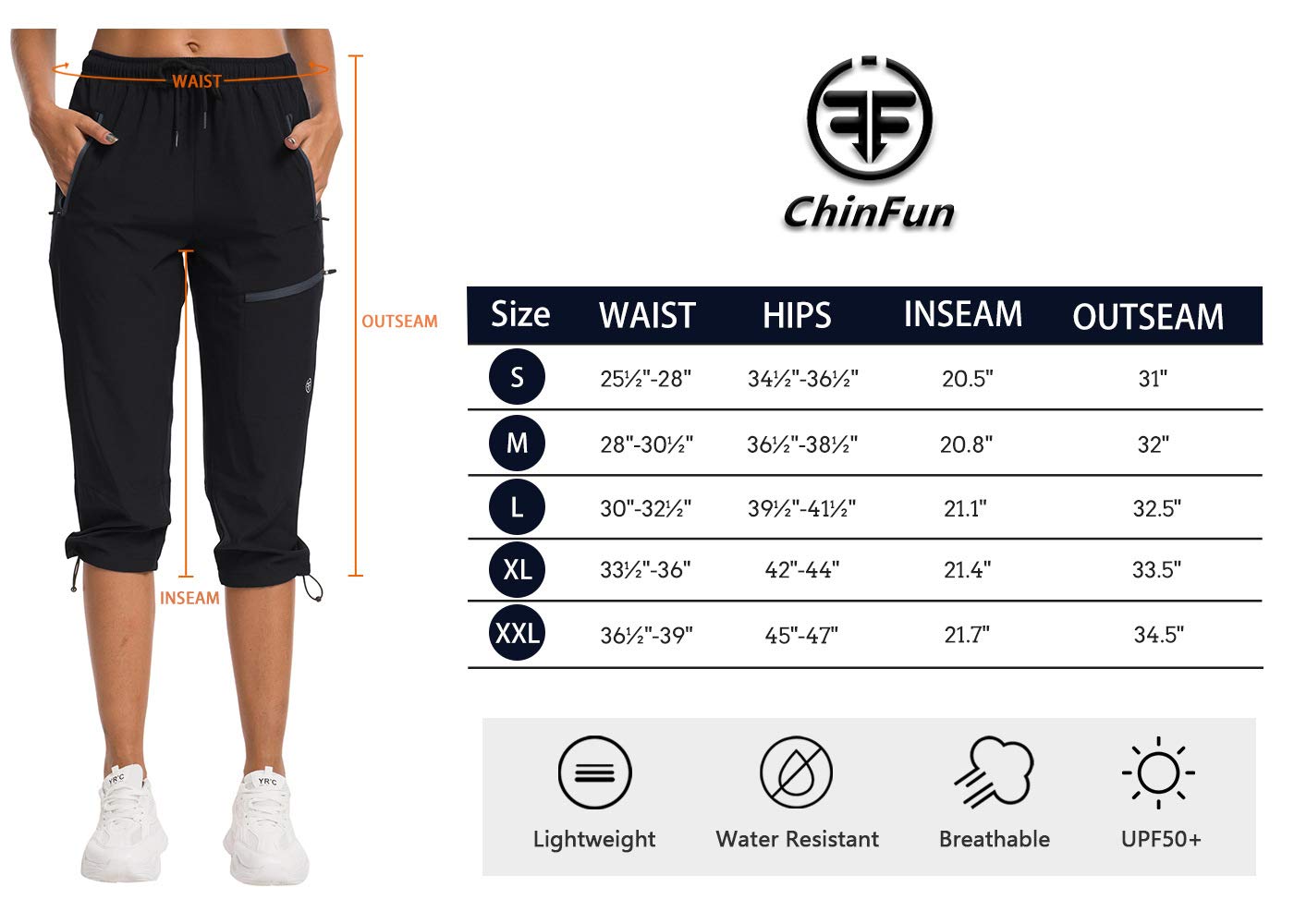 ChinFun Women's Hiking Capris Pants Outdoor Quick Dry Cargo Cropped Pants Water Resistant UPF 50+ Black XL