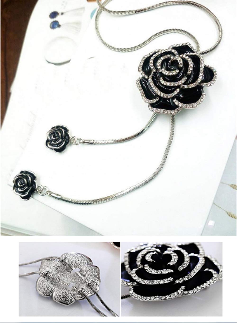 Cathercing Rhinestone Black Rose Pendant Long Necklace for Women Sweater Chain Statement Necklace Choker Adjustable Elegant Jewelry Crystal Accessories Dressy Collocation Winter Evening Party Wedding