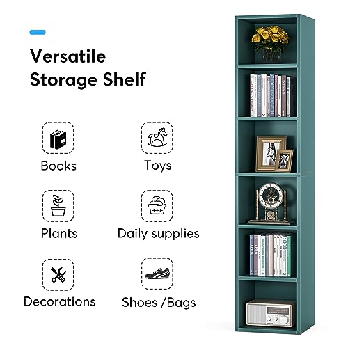 LITTLE TREE 70.9 Inch Tall Narrow Bookcase, Corner Bookshelf 6 Tier Cube Display Shelf Storage Organizer for Small Space, Blue