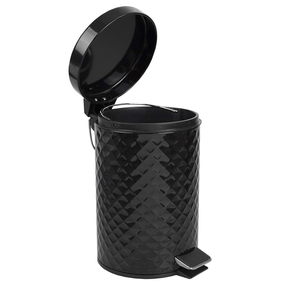 Home Basics 3 Liter Pedal Activated Textured Small Steel Waste Bin, Black Soft Lid Closure, Removable Plastic Liner, and Portable Carrying Handle, (2PACK)