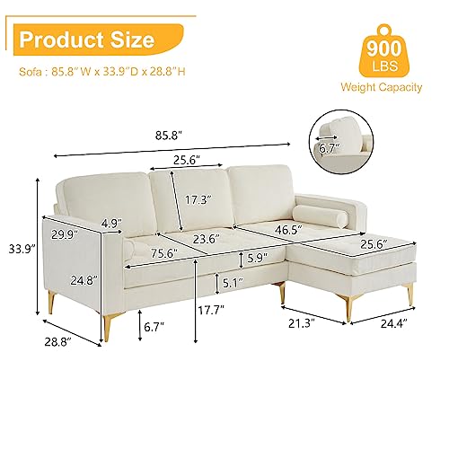 Imbesty 85" W Sectional Convertible Sofa Couch, Chenille Upholstered L-Shaped Couch 3-Seat Sofa with Reversible Chaise for Small Living Room, Apartment and Small Space (Chenille White)