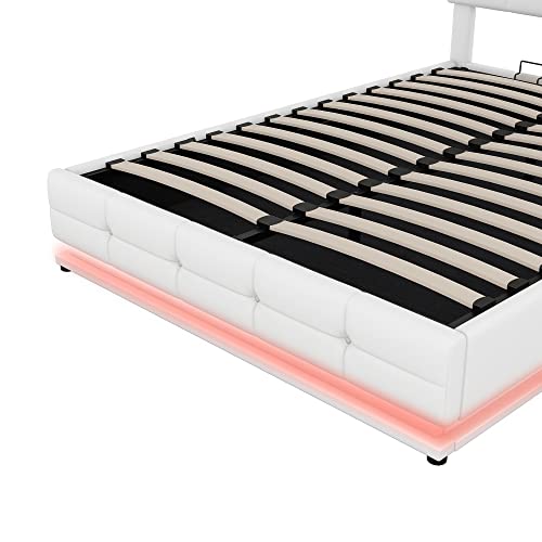 Full Size Lift Up Storage Bed/with Storage and LED Light Button Tufted Wingback adjustable headboard and USB Charger, Hydraulic Storage System for Kids Teens and Adults, No Box Spring Needed (White)