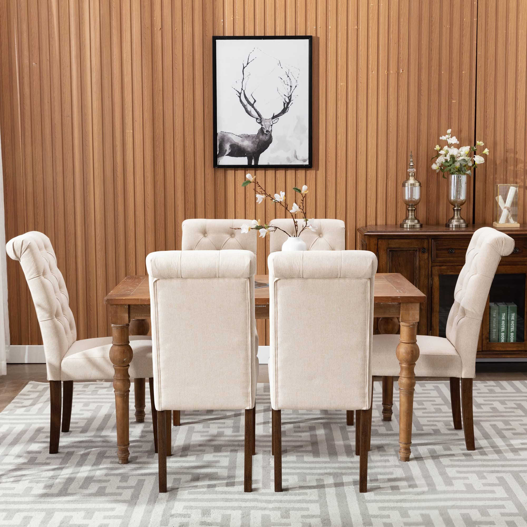 COLAMY Tufted Dining Room Chairs Set of 4, Parsons Diner Chairs Upholstered Fabric Side Kitchen Chairs with Solid Wood Legs and Padded Seat - Beige