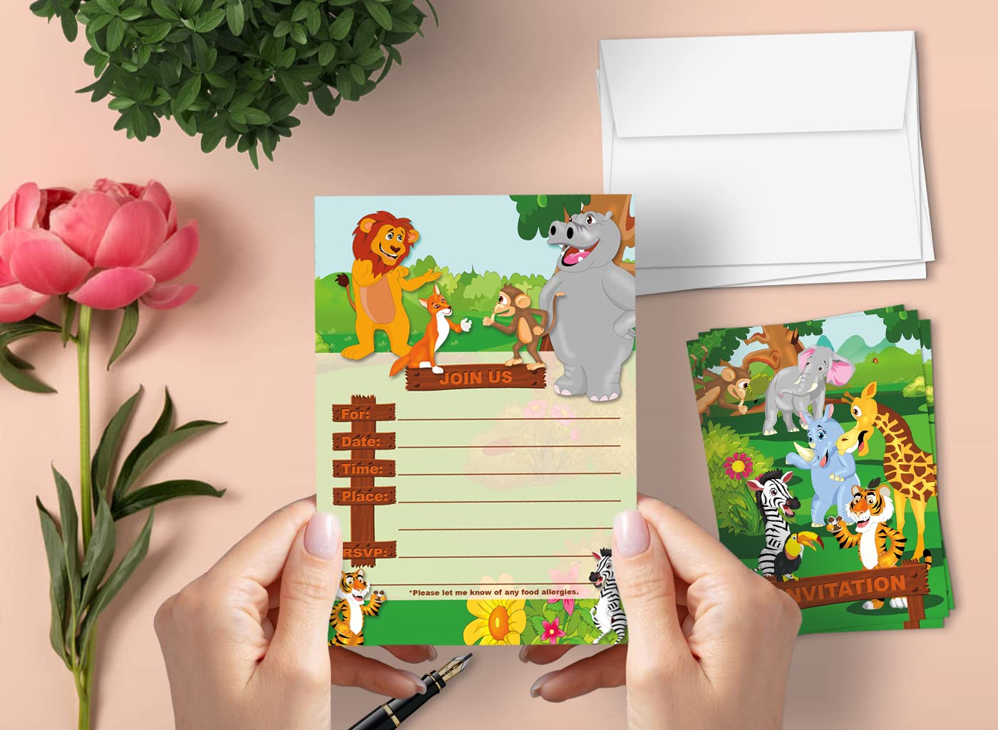 Leigha Marina Jungle Animals Party Invitation Cards for Kids, 20 Invites & 20 Envelopes - Fill in the Blank Greeting Notes - Multi-Use, Birthday, Themed Celebration