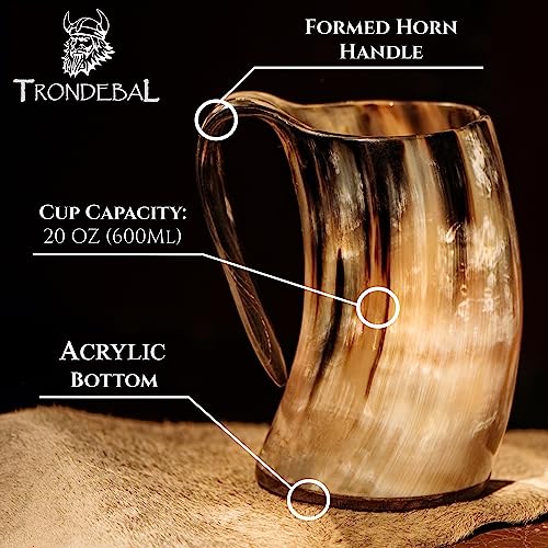 Trondebal Viking Drinking Horn Mug, 15-20 Oz Natural Ox Horn Cup & Cofee Stein | Cool Unique Gift for Men and Women, Home Decor Accessories | Shot Glasses for Beer, Ale, Mead, Whiskey