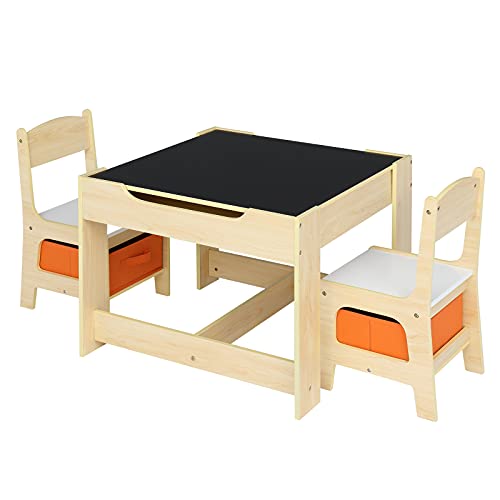 TROOPVILLE Kids Table and Chair Set 3 in 1 Wooden Toddler Table and Chair Set Toddler Activity Table Children's Wooden Table and Chair Set with Two Storage Bags 1 Table and 2 Chairs (Wood)