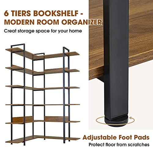IMGDD 74.8 Inch Bookshelf L-Shape MDF Boards Stainless Steel Frame Corner 6-Tier Shelves Adjustable Foot Pads (Brown)