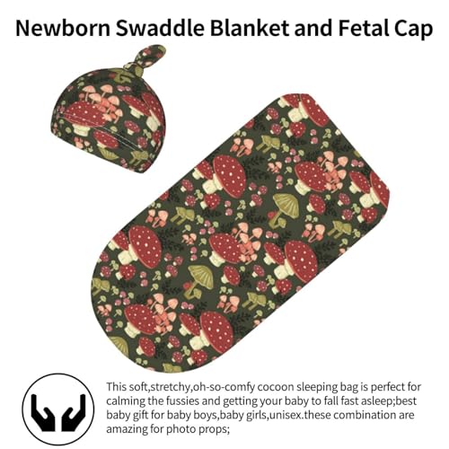 Cute Mushroom Newborn Swaddle Blanket with Beanie Set, Soft and Stretchy Baby Blanket Swaddle Sack for Boy and Girl Gift