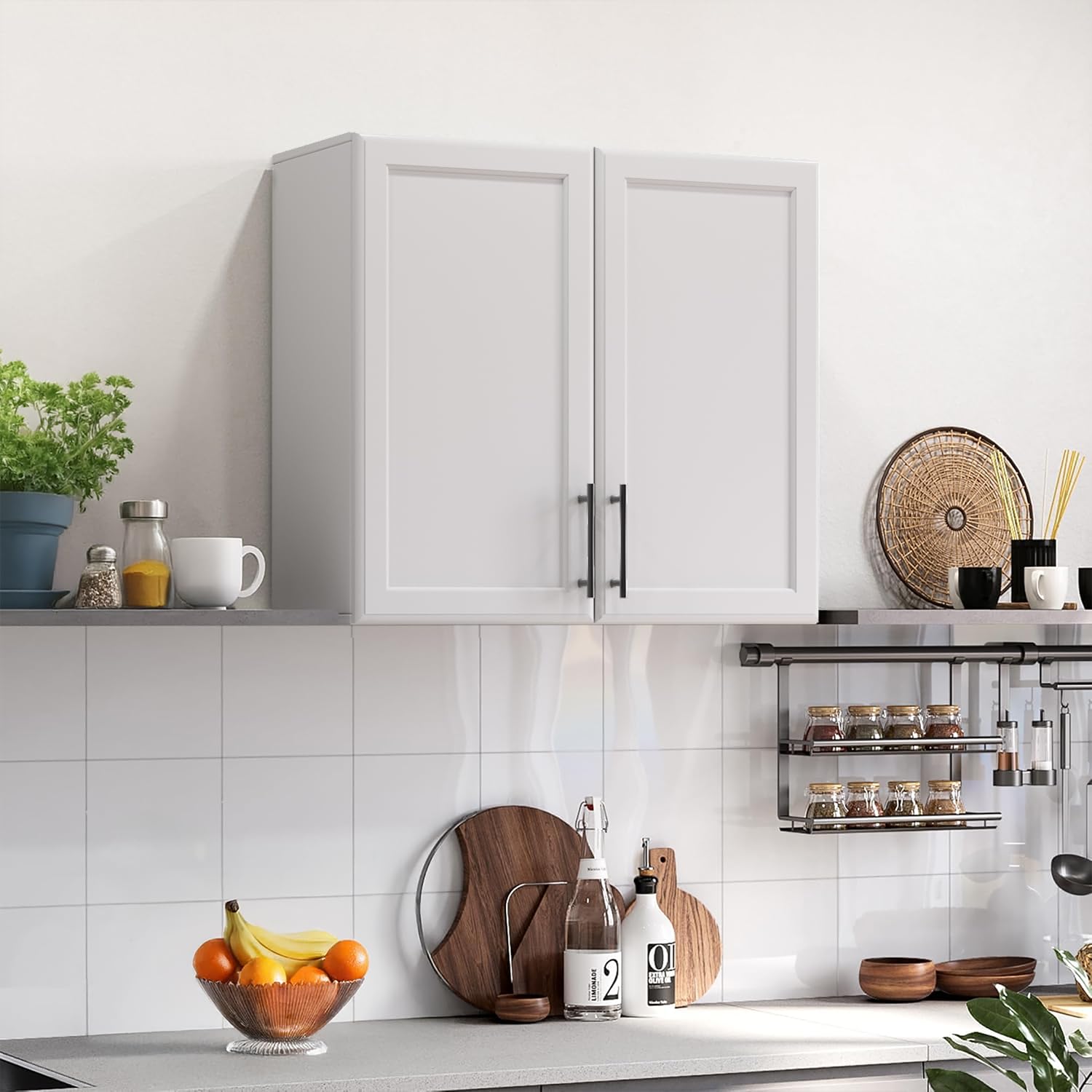 FIMELLO Wall Cabinet, Wooden Medicine Cabinet, Wall Amount Cabinet for Bathroom Laundry Kitchen Garage, White, Set of 2