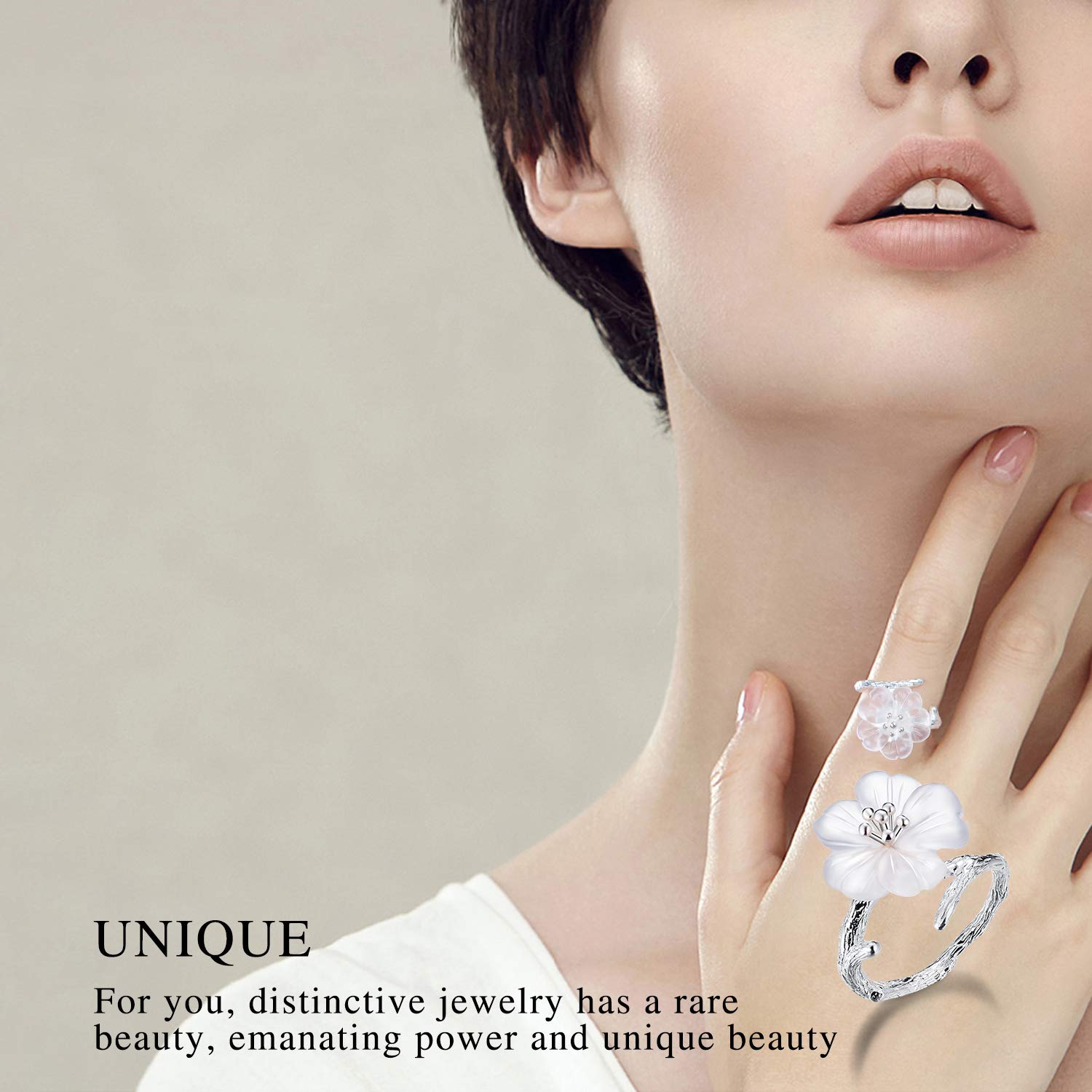 Lotus Fun S925 Sterling Silver Ring Flower in the Rain Open Simulated Crystal Ring Handmade Jewelry Unique Gifts for Women (Silver)
