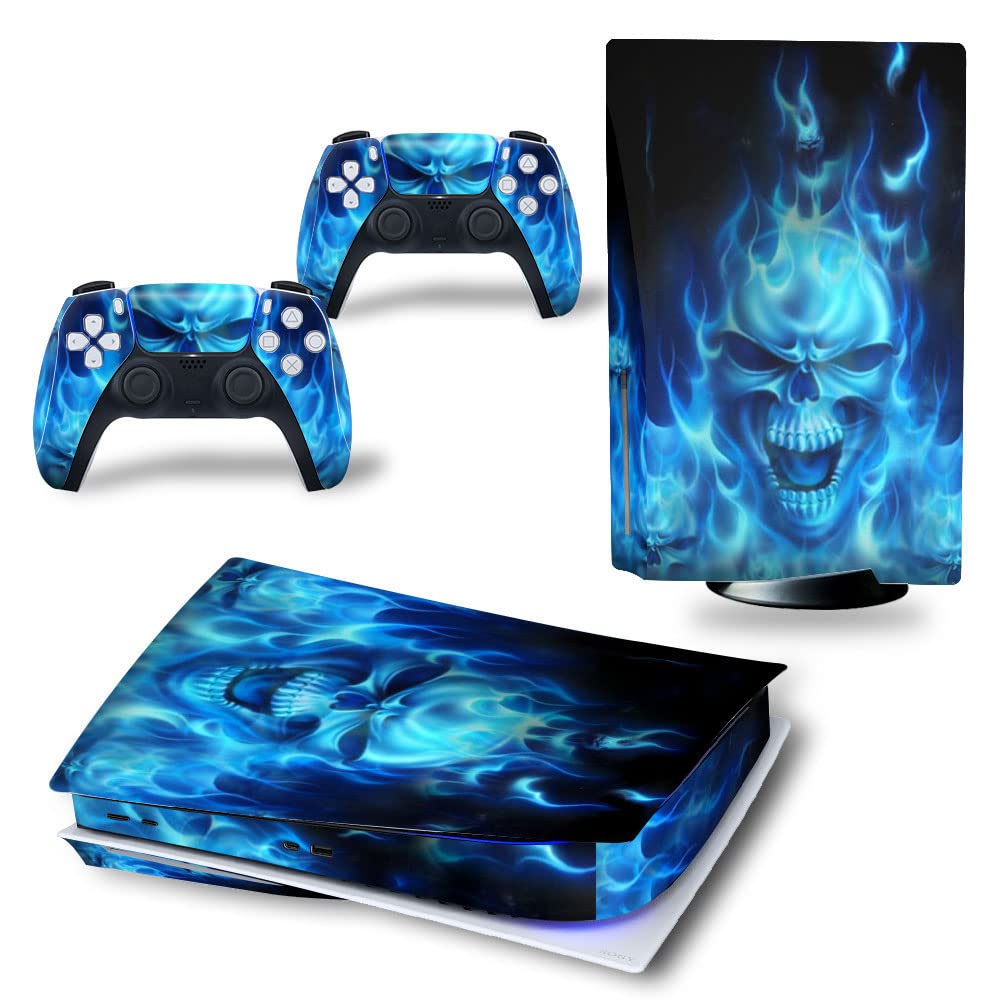 SKINOWN Skin Sticker Decal for PS5 CD Version Disk Edition Console and Controllers Blue Flame Skull