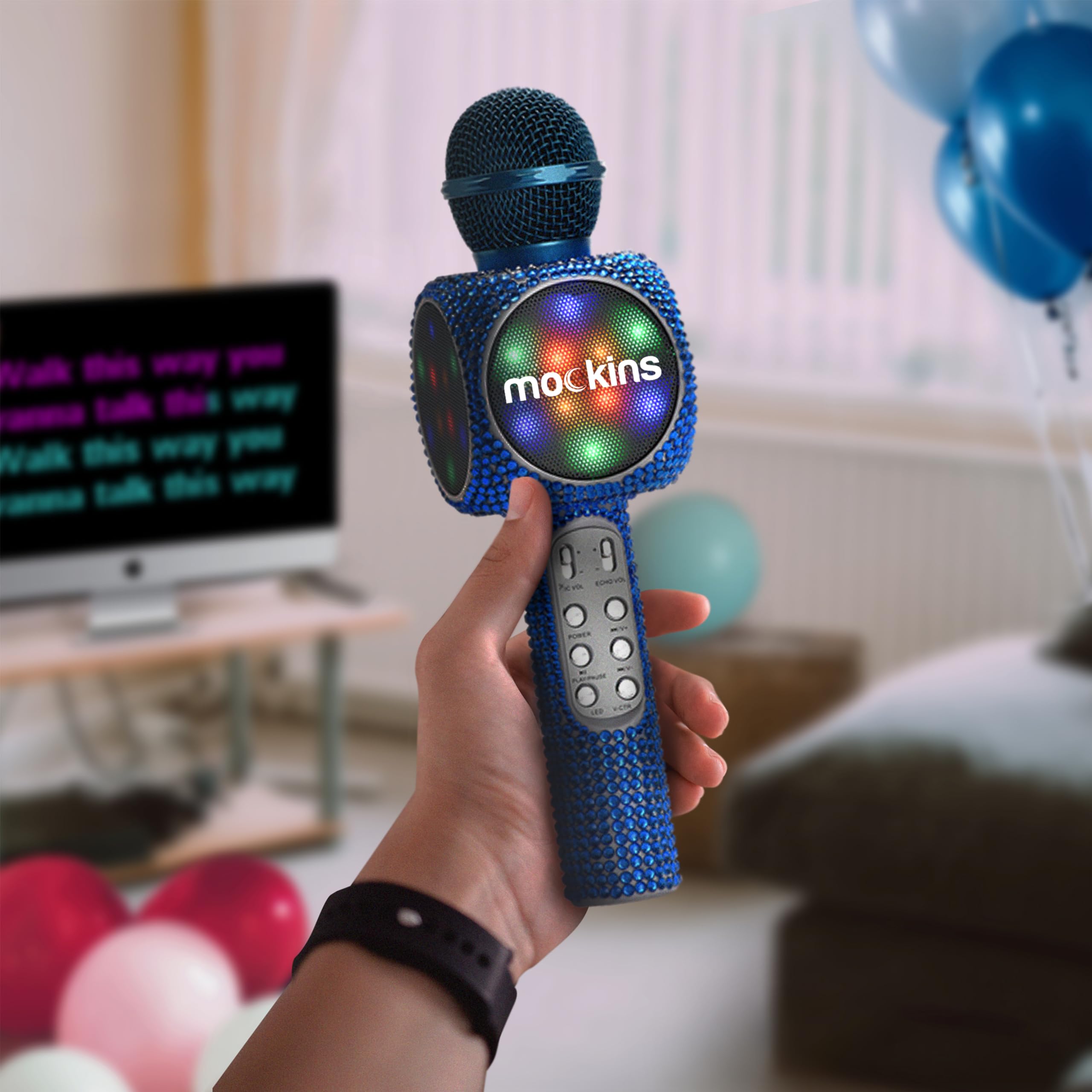Mockins Blue Bling Karaoke Microphone for Kids | Wireless Mic with Voice Changer & LED Lights | Portable Microphone for Singing w/ Cable & Carry Case