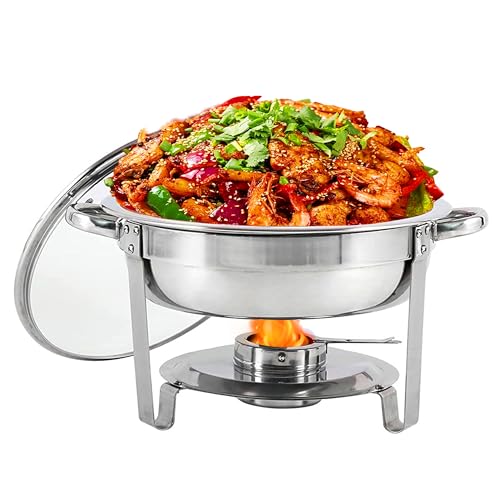 HORESTKIT Chafing Dish Buffet Set Stainless Steel Round Chafers and Buffet Warmers Set with Glass Viewing Lid, 5QT Foldable Complete Food Warmer