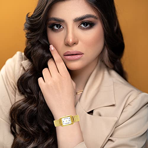 JewelryWe Women's Ultra Thin Easy Reader Watch with Elastic Strap, Golden/Silver Square Watch, for Valentine's Day