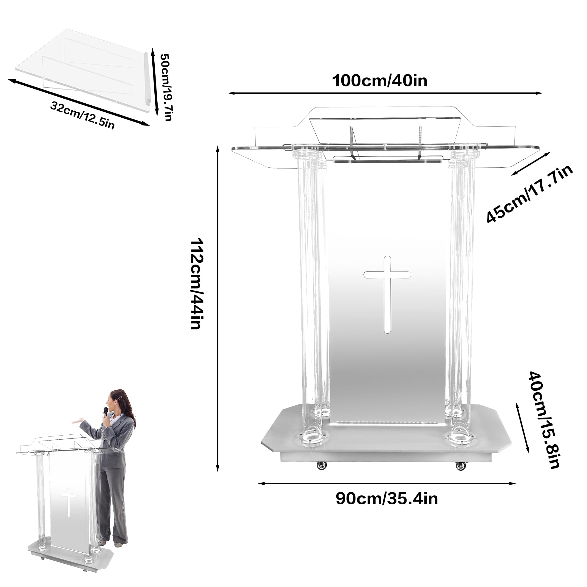 Church Pulpit with Hollow Cross Design,Led Acrylic Church Podium with Wheels& Vertical Reading Platform, 46”Transparent Lecterns for Churches,Classroom and Weeding